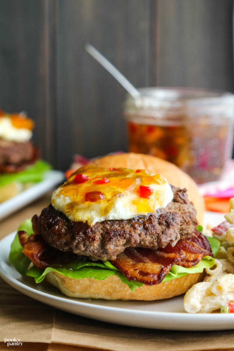 Bacon Goat Cheese Burger with Pepper Jam - Pook's Pantry Recipe Blog